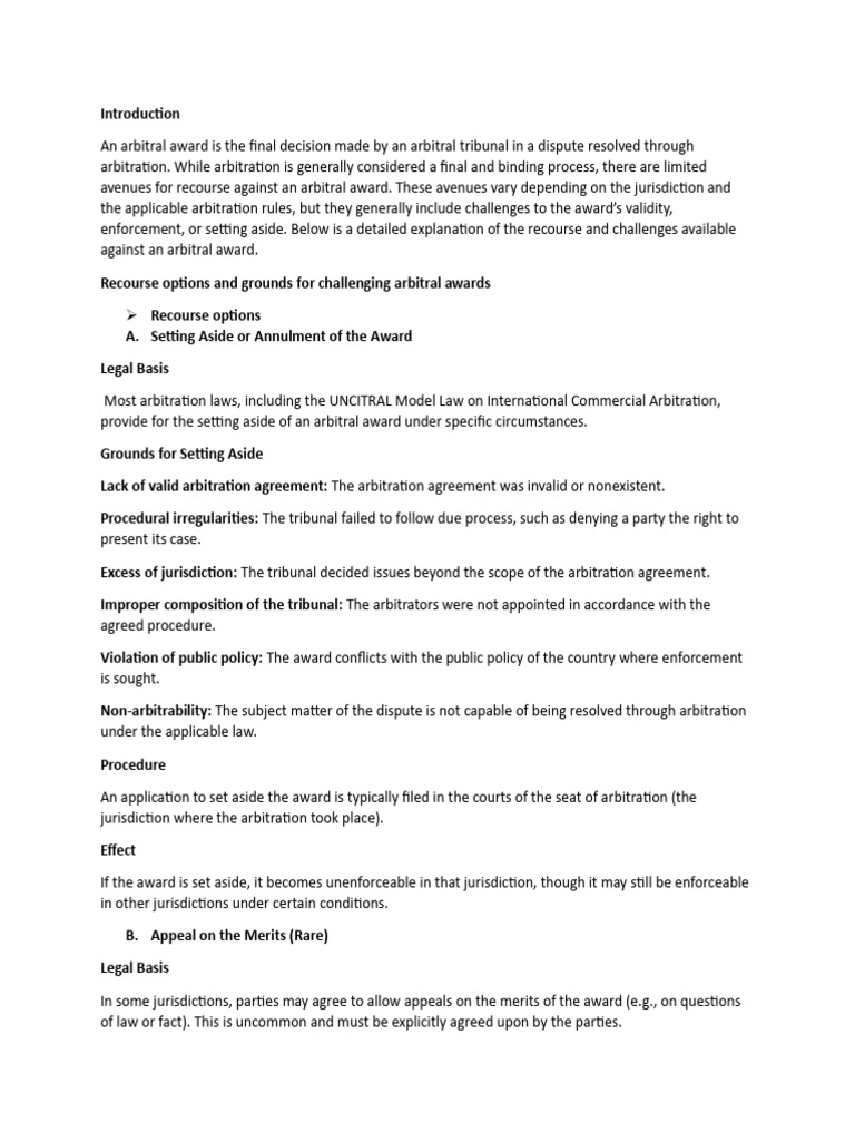 Recourse and Challenge Against Award | PDF | Arbitration | Arbitral Tribunal