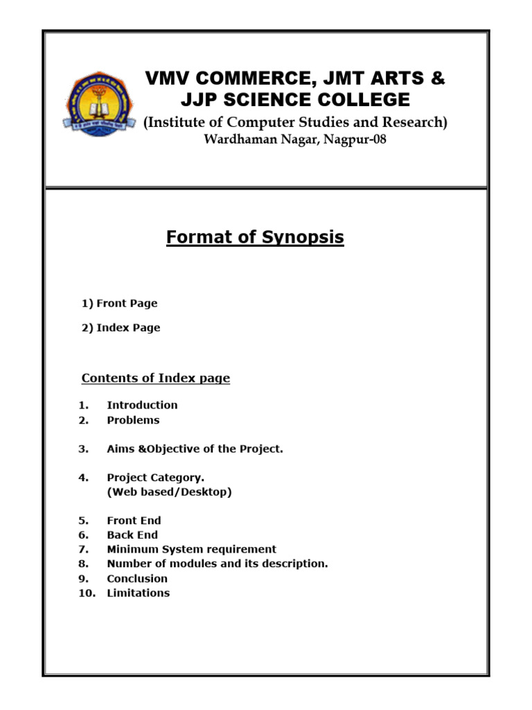 MCA 1 Project Synopsis Format 2022-23 | PDF