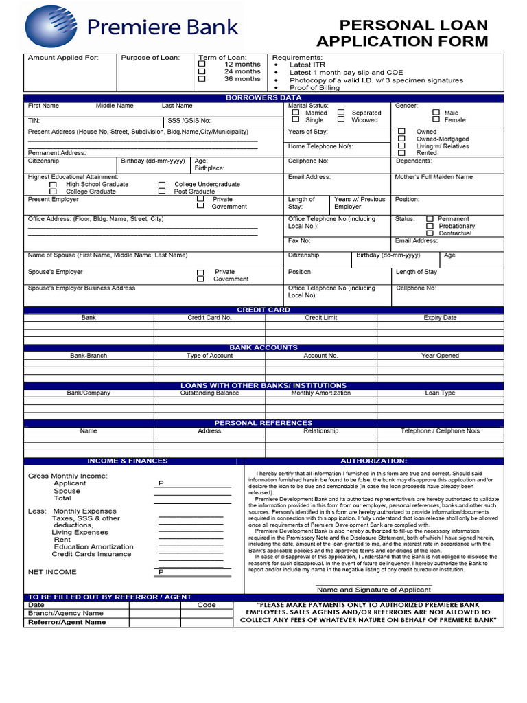 Personal Loan Application Form | PDF | Loans | Banks