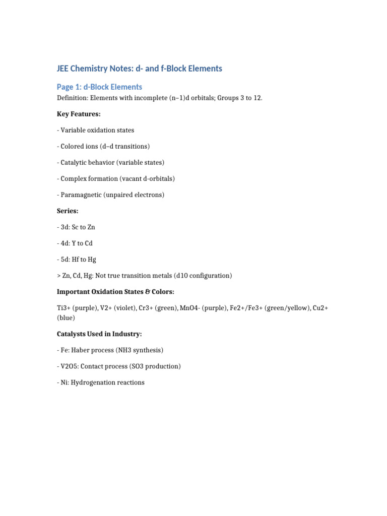 JEE Chemistry: d- and f-Block Elements Guide | PDF