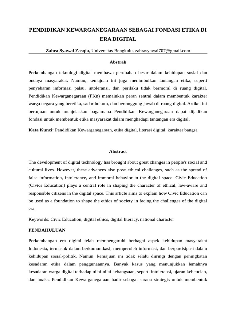 Pendidikan Kewarganegaraan Sebagai Fondasi Etika Di Era Digital | PDF