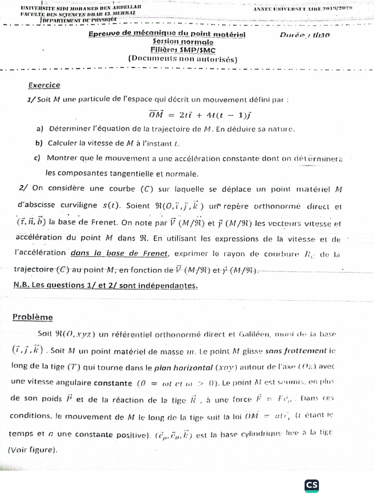 exam mecanique normal 2019-2020 | PDF