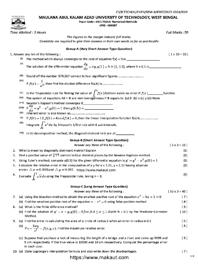 Btech Cse It 6 Sem Numerical Methods Oec It 601a 2024 | PDF