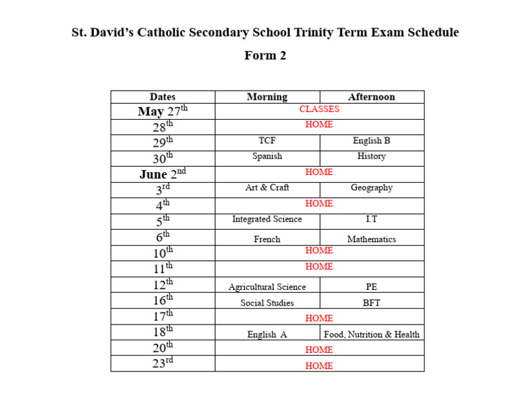 Form 2's Exam Schedule 2025 | PDF
