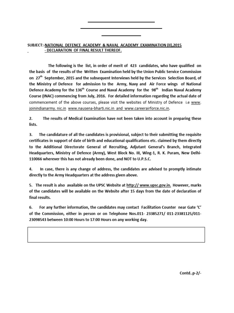 NDA & Naval Academy Results 2015 | PDF