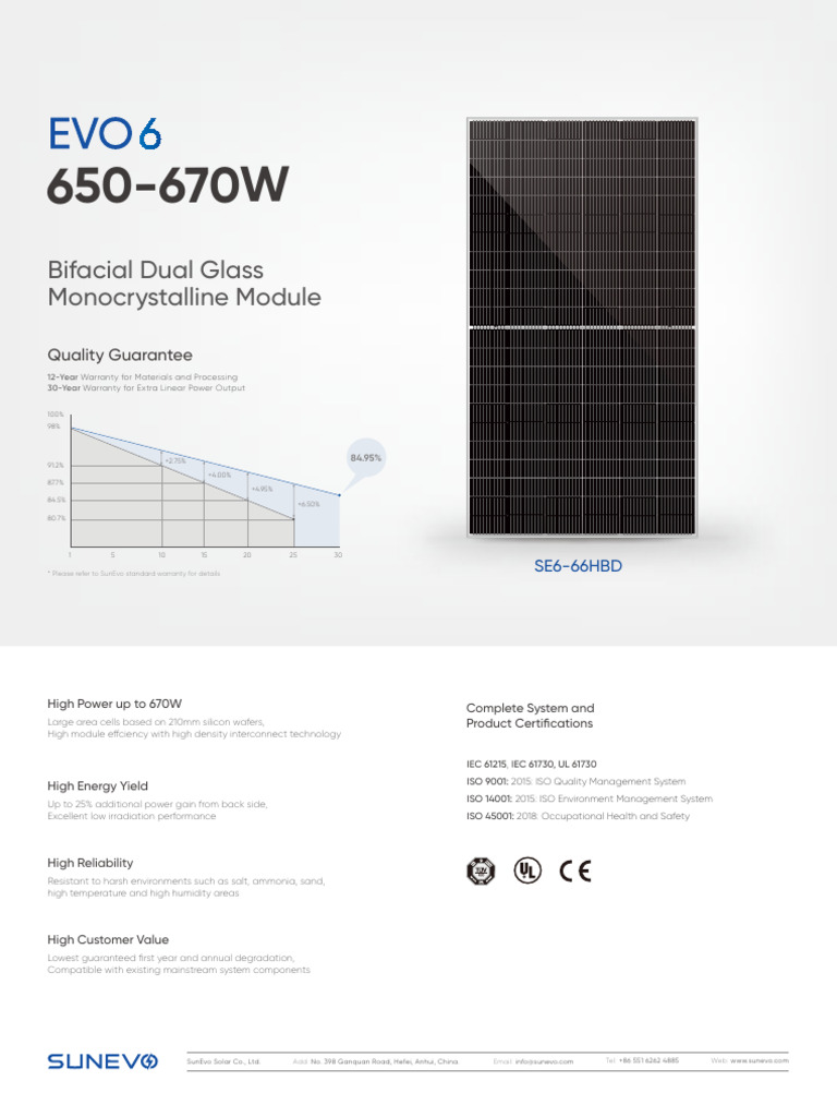 Evo6 Series 66cells Bifacial Dual Glass 650 670W | PDF | Electricity ...