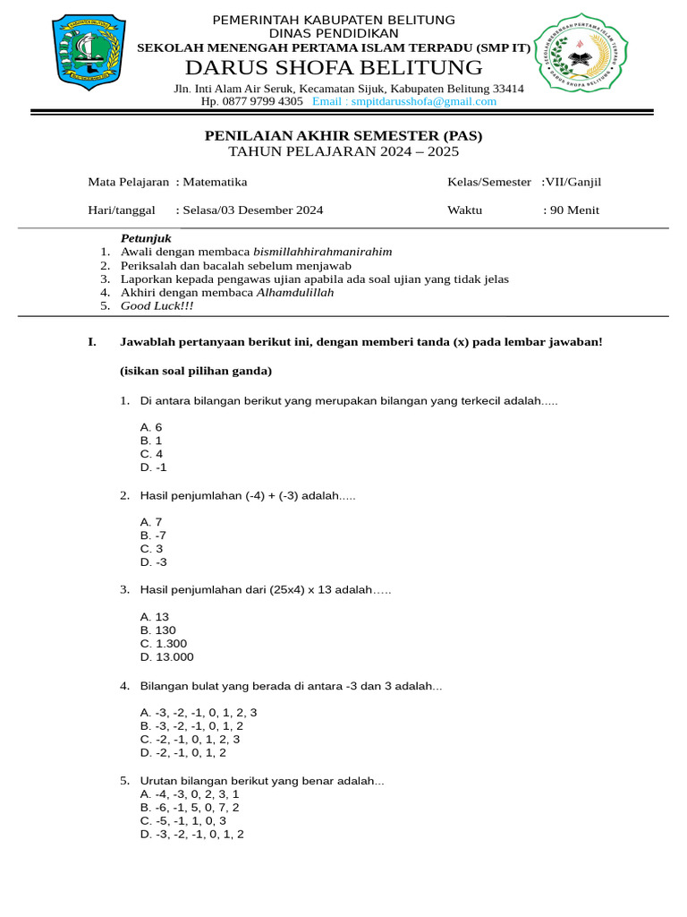 Soal Ujian Semester Ganjil Matematika Kelas 7 | PDF