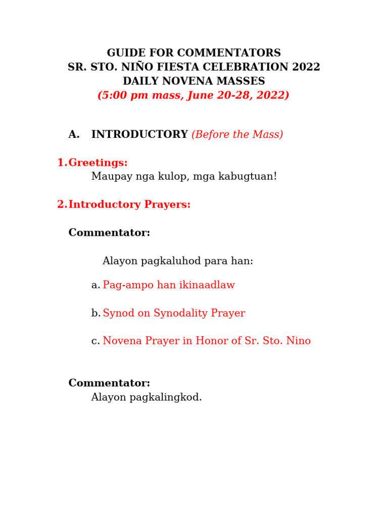 Commentators Guide For 5PM Novena Mass Fiesta 2022 | PDF