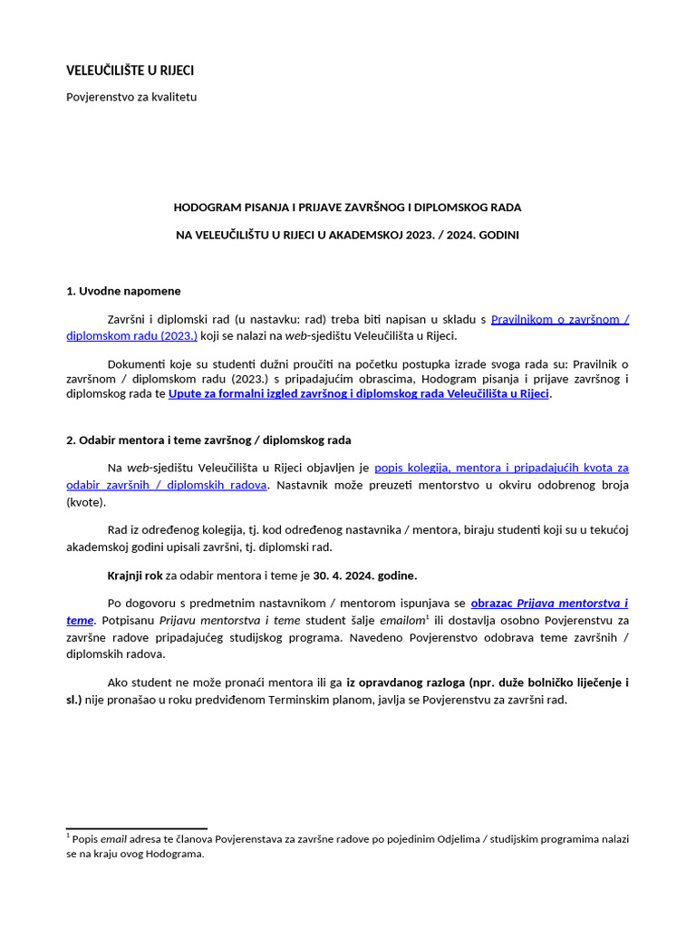 Hodogram Pisanja I Prijave Zavrsnih Diplomskih Radova Na Veleucilistu ...