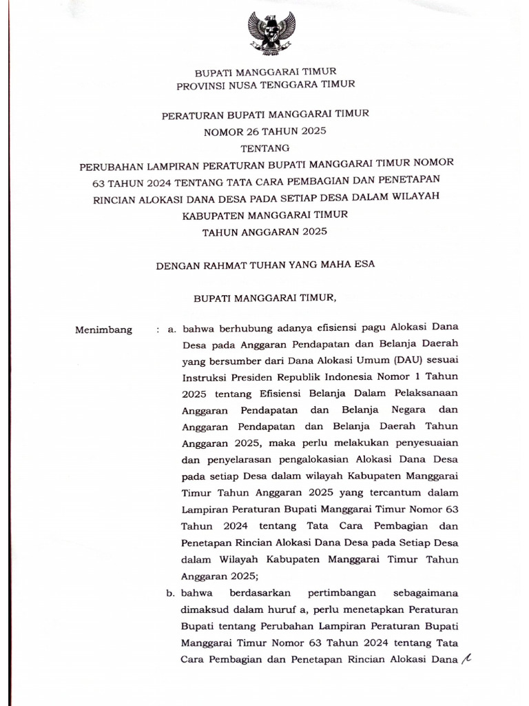 PERBUP NO.26 TAHUN 2025 Tentang Perubahan Lampiran Peraturan Bupati Manggarai Timur Nomor 63 ...