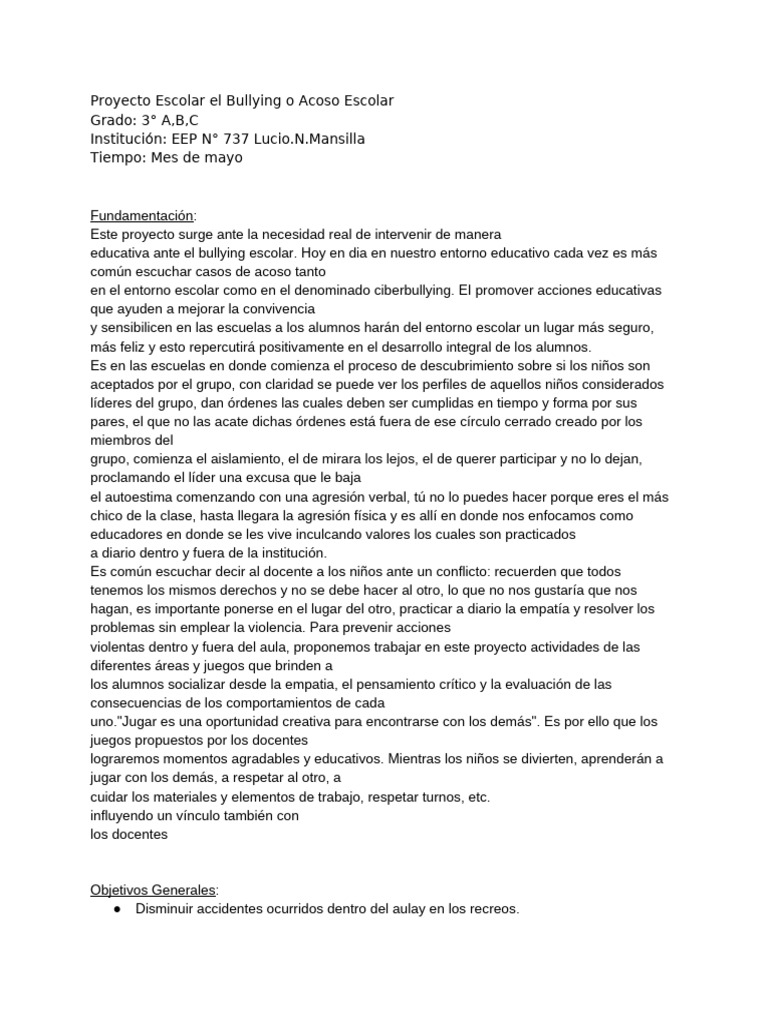 Proyecto Educativo Contra el Bullying | PDF | Violencia | Enseñando