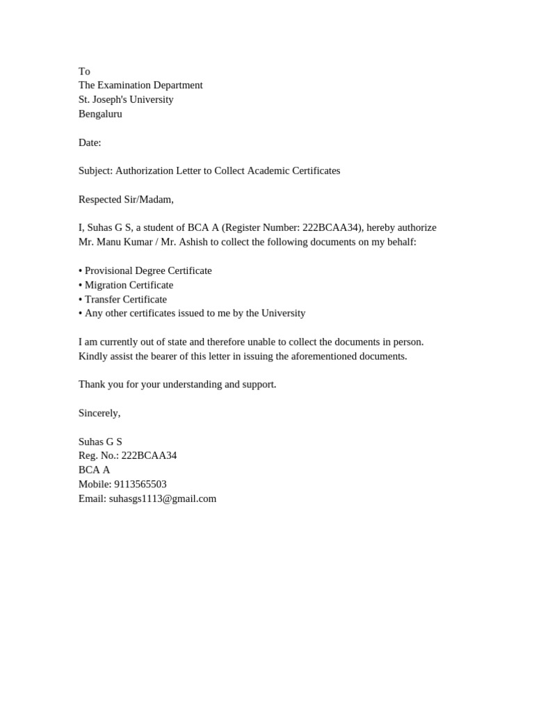 Authorization Letter for Certificate Collection | PDF