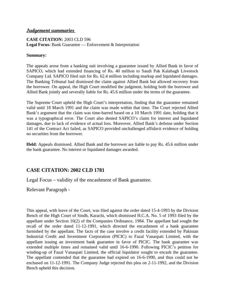 Judgement Summaries | PDF | Lawsuit | Guarantee