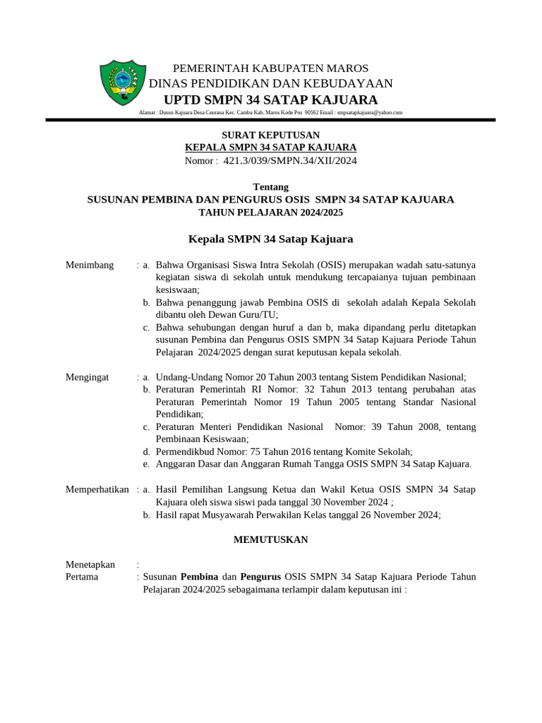 SK Pengurus Osis SMPN 34 Satap Kajuara 2024 2025 | PDF