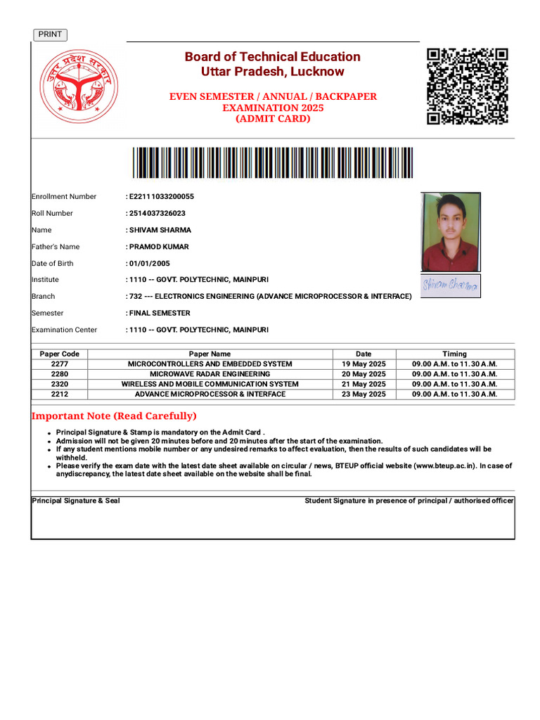 Bteup - Ac.in Eseva Student AdmitCard - Aspx EnrollNumber ...