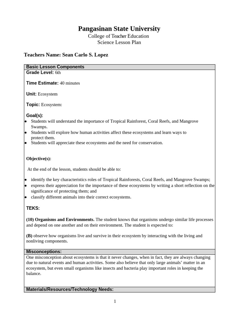 6th Grade Ecosystem Lesson Plan | PDF | Mangrove | Teachers