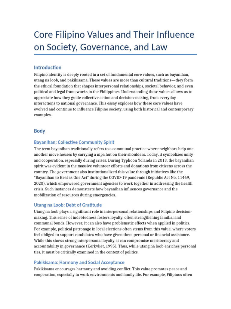 Core Filipino Values Essay | PDF | Governance | Philippines
