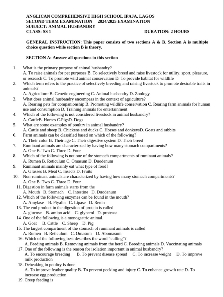 SS1 Animal Husbandry Exam 2ND | PDF | Human Reproduction | Reproductive ...
