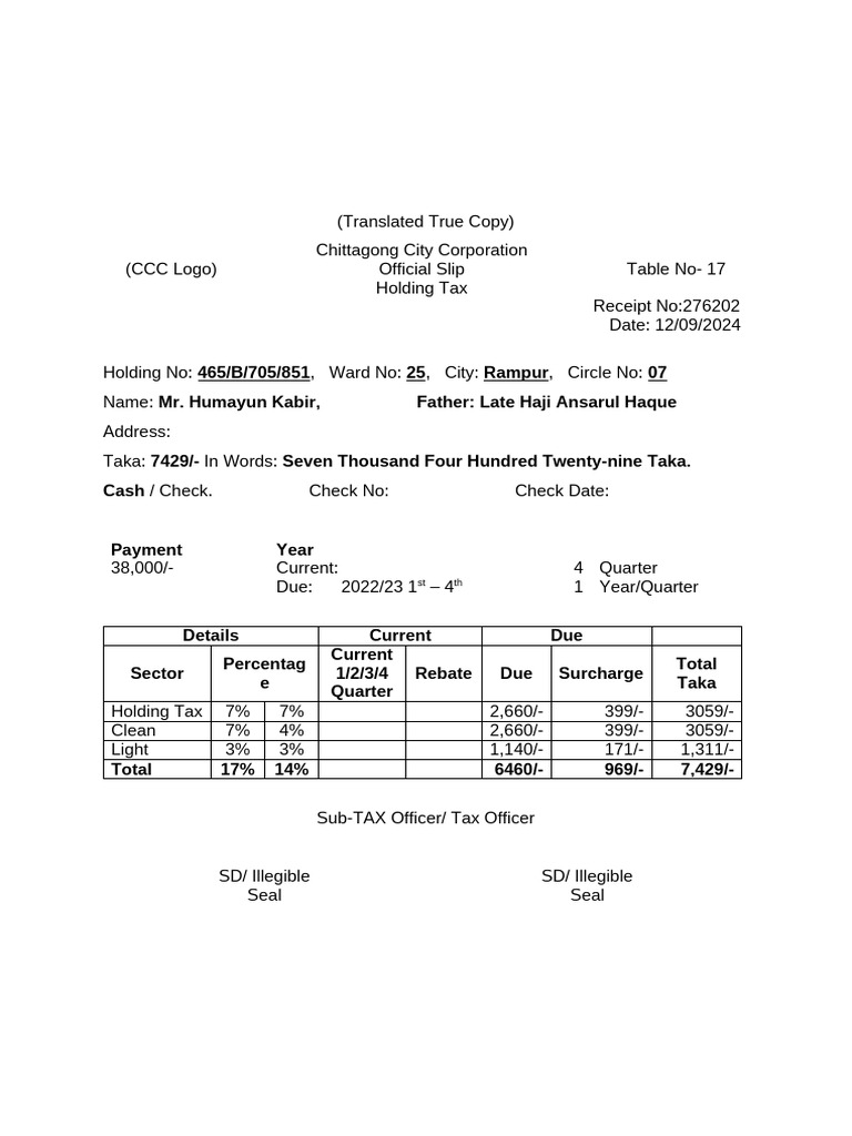 Holding Tax Receipt for Mr. Kabir | PDF