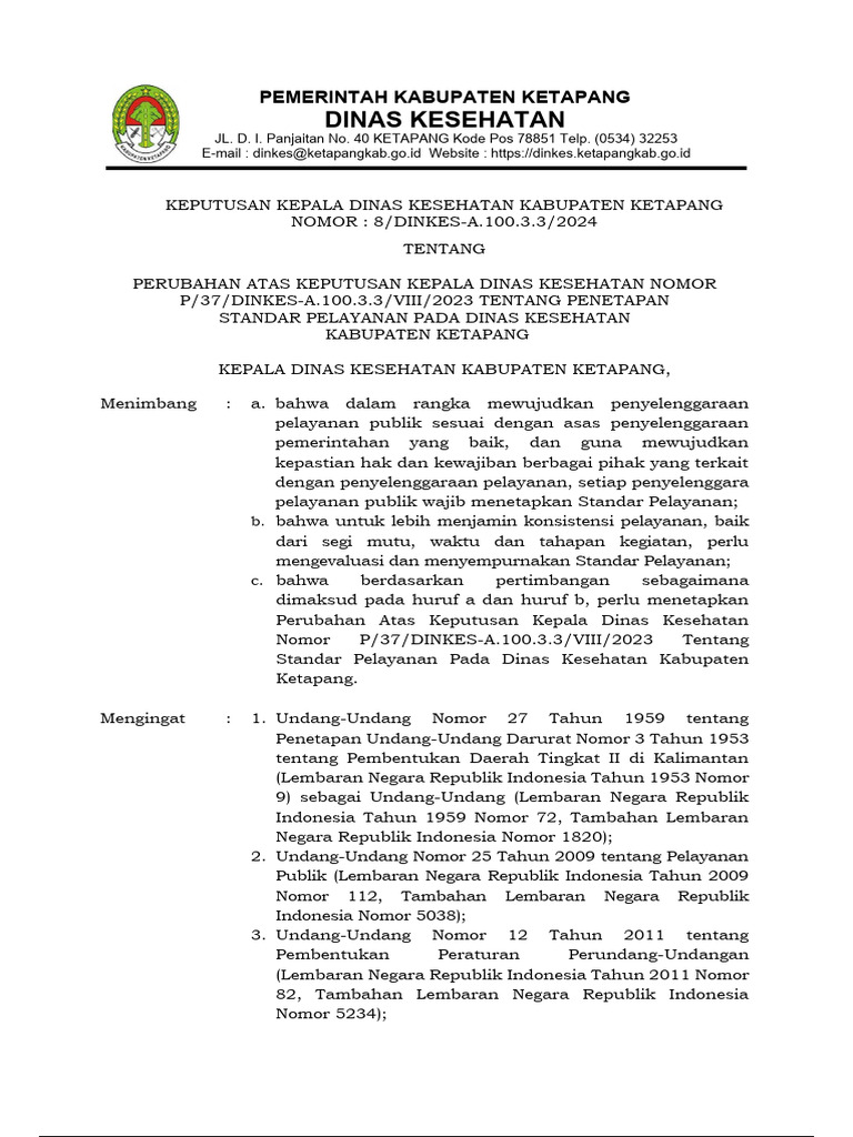 SK Standar Pelayanan Dinkes Tahun 2024 | PDF