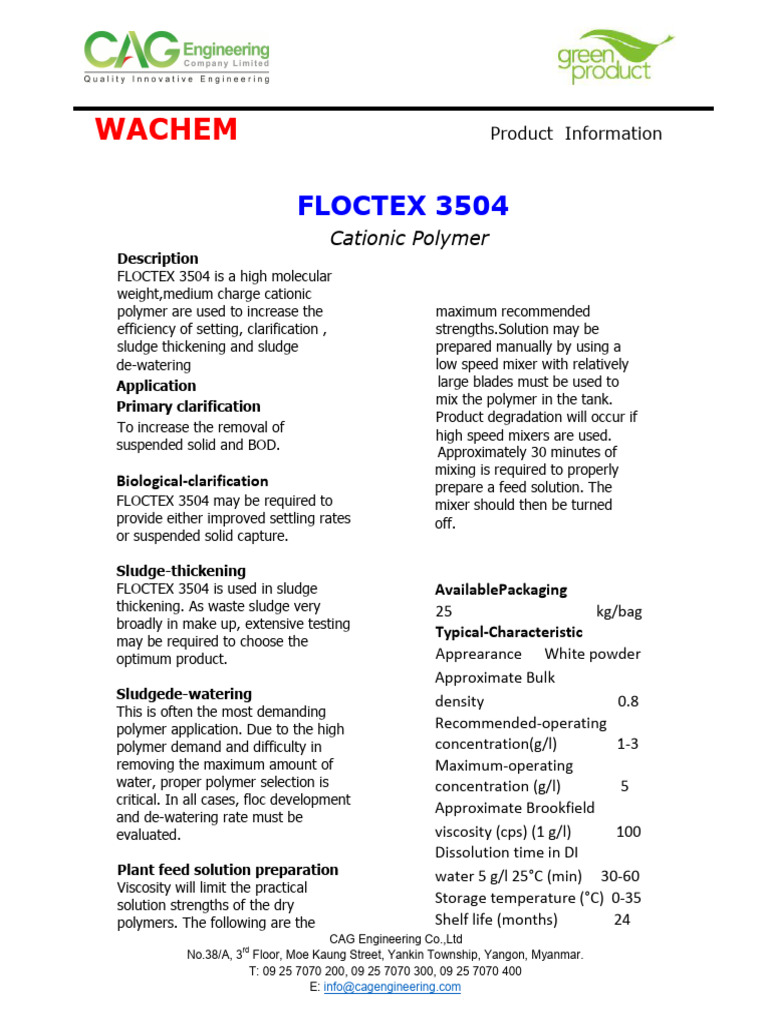 FLOCTEX 3504 Cationic Polymer Guide | PDF | Polymers | Industrial Processes