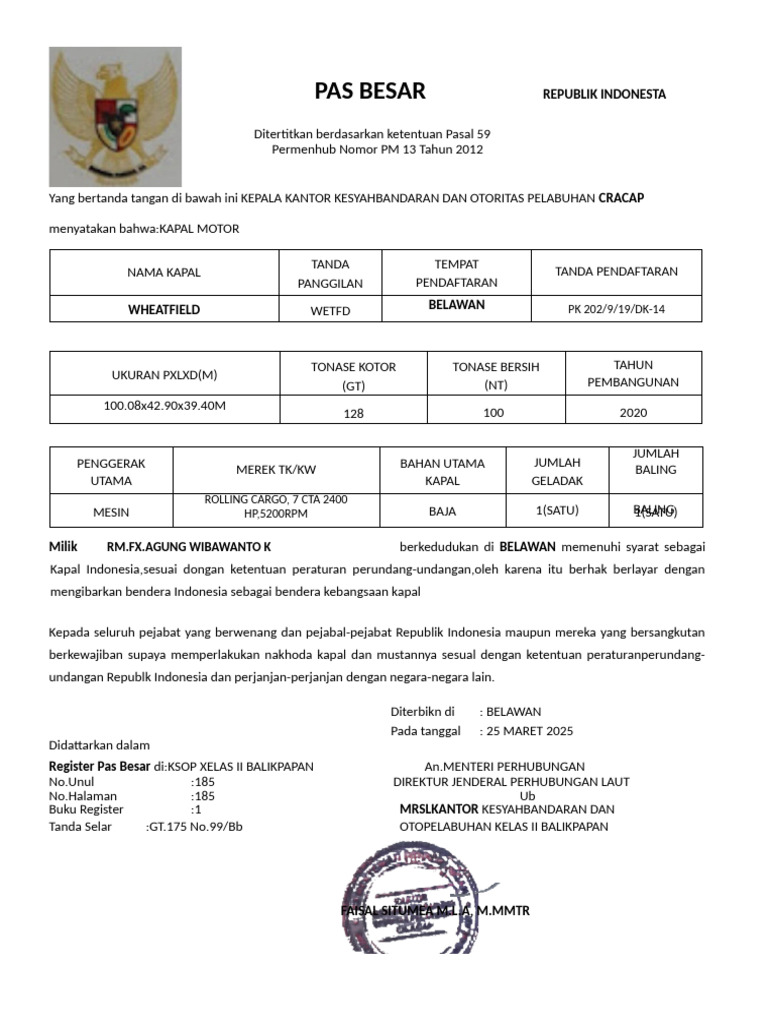 Pas Besar Kapal Motor Wheatfield | PDF