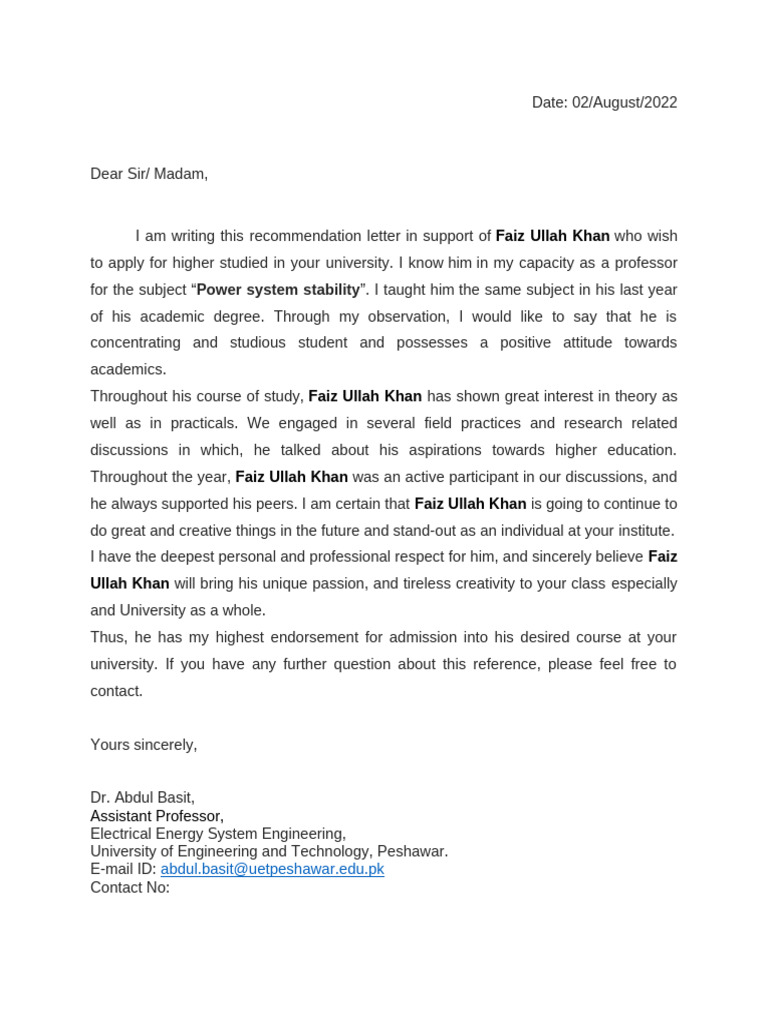 Reference Letter Sample (Dr. Abdul Basit) | PDF