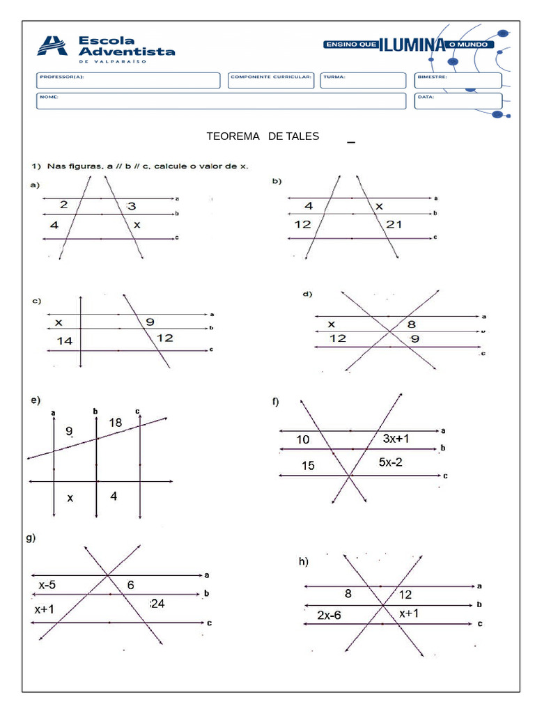 Lista de Exercícios Teorema de Tales - 9° Ano | PDF