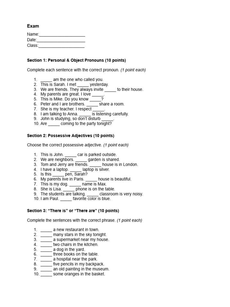 Grammar Exam_ Pronouns, Possessive Adjectives, Demonstratives ...