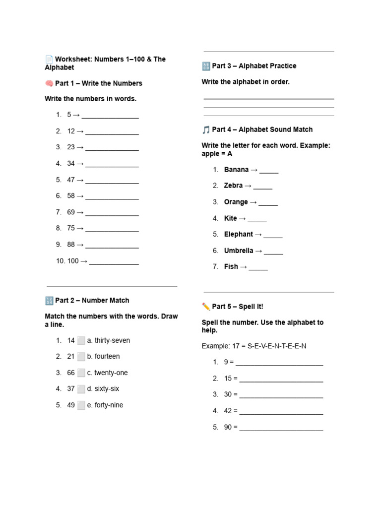 ? Worksheet - Numbers 1-100 & The Alphabet | PDF