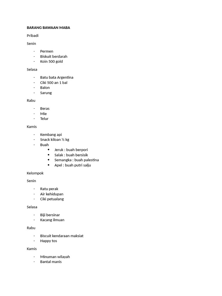 Barang Bawaan Maba 2024 | PDF