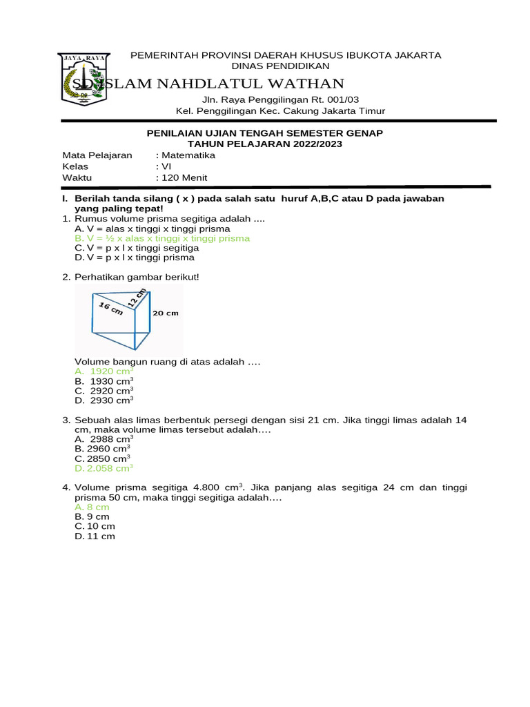 PTS MTK Kelas 6 Semester 2 | PDF