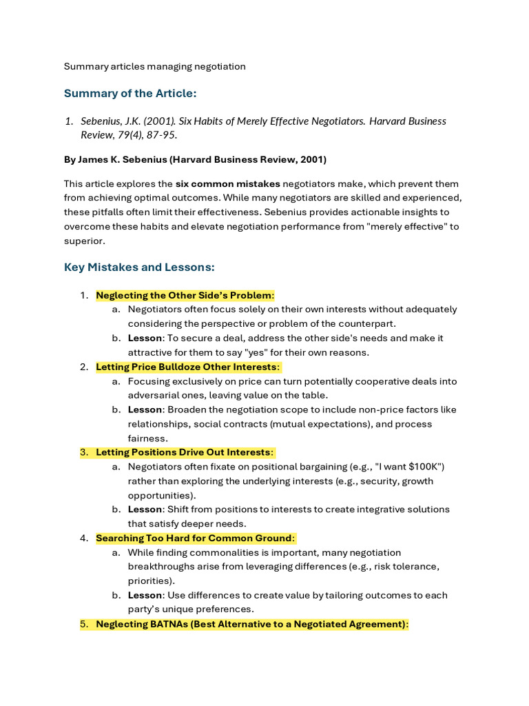 Summary Articles Managing Negotiation | PDF | Negotiation | Empathy