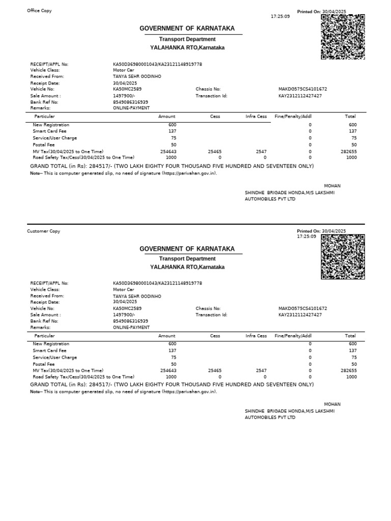 Karnataka Vehicle Registration Receipt | PDF | Receipt | Motor Vehicle