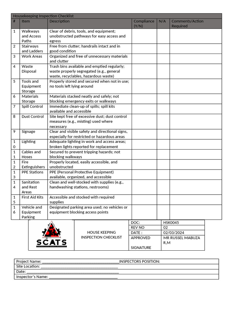 Housekeeping Inspection Checklist | PDF | Housekeeping | Waste