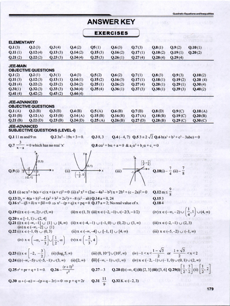 Quadratic Equation and Inequalities Ans Key | PDF