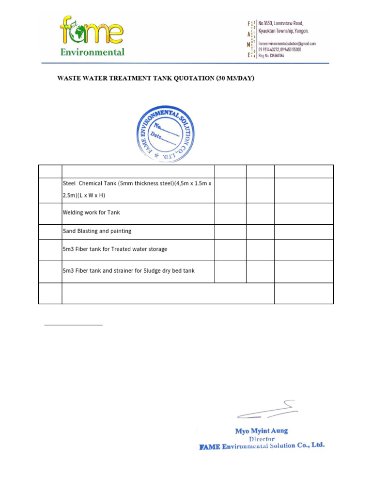 Waste Water Treatment Tank Quotation | PDF