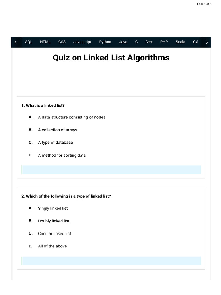 Quiz On Linked List Algorithms | PDF