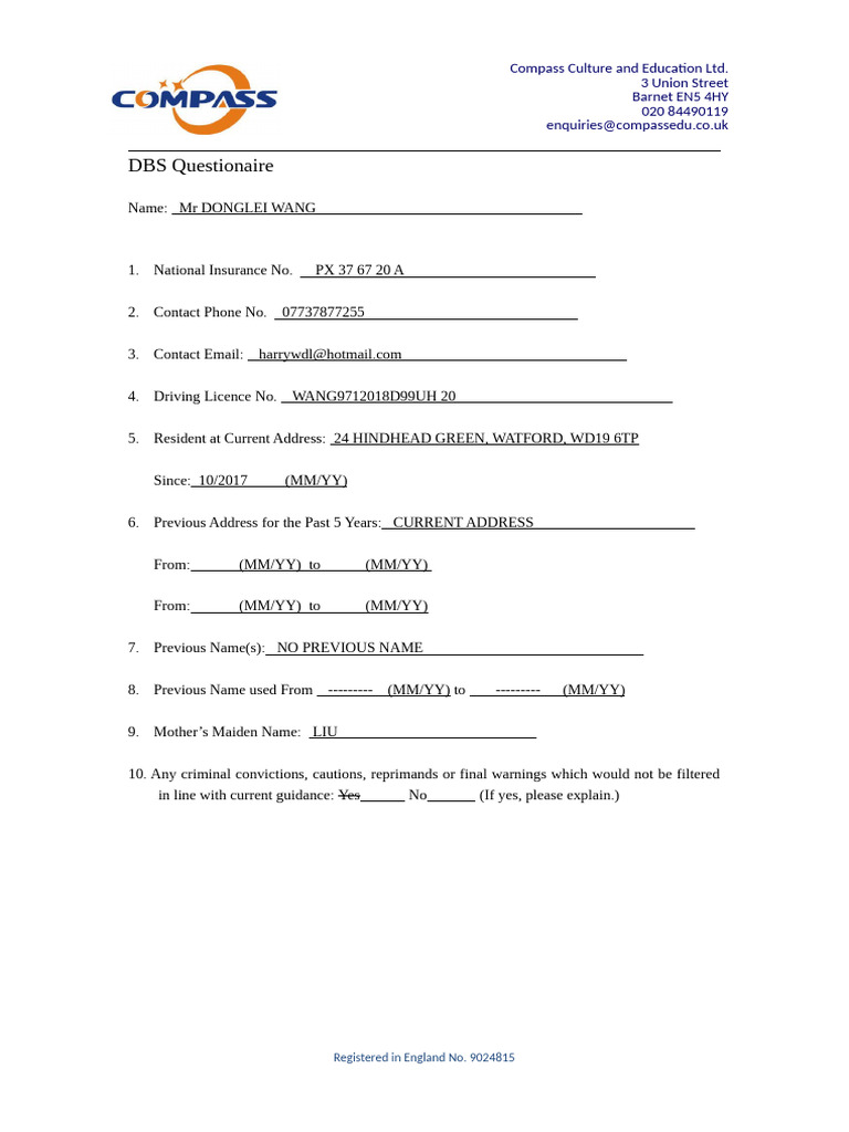 DBS Questionaire | PDF