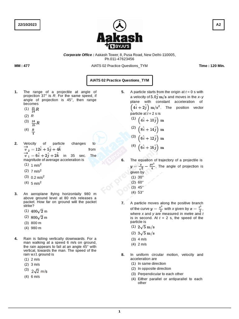 AIATS 02 Practice Questions - TYM 1697972198564 | PDF | Acceleration | Velocity
