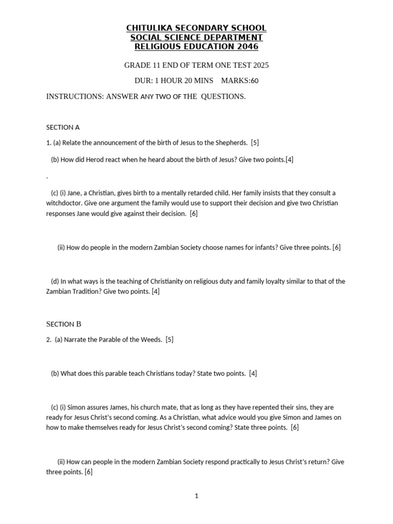 Grade 11 Religious Education Test 2025 | PDF | Jesus | Religious Belief ...