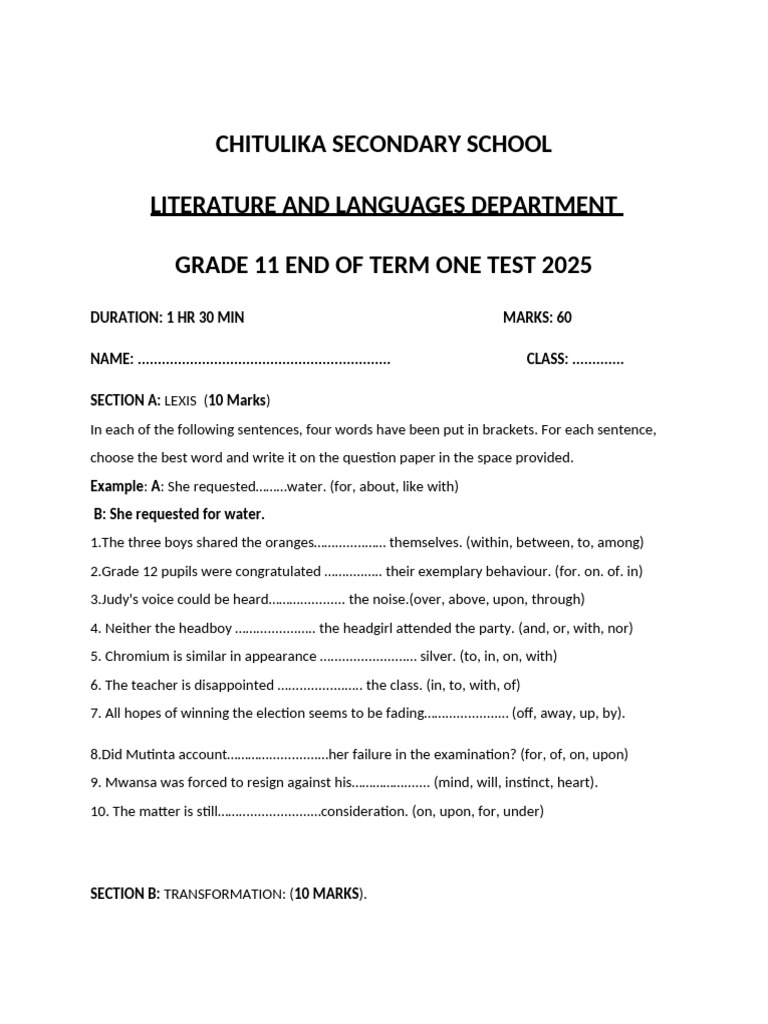 Grade 11 End of Term Test | PDF