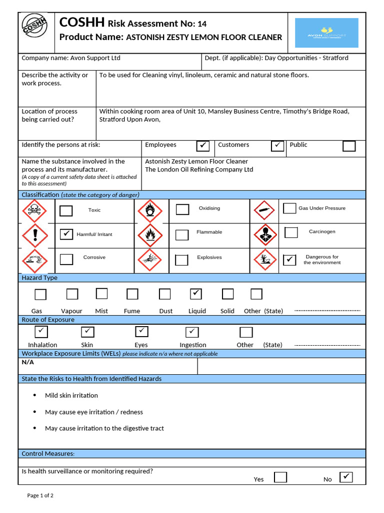 COSHH Astonsih Floor Cleaner | PDF | Personal Protective Equipment | Occupational Safety And Health