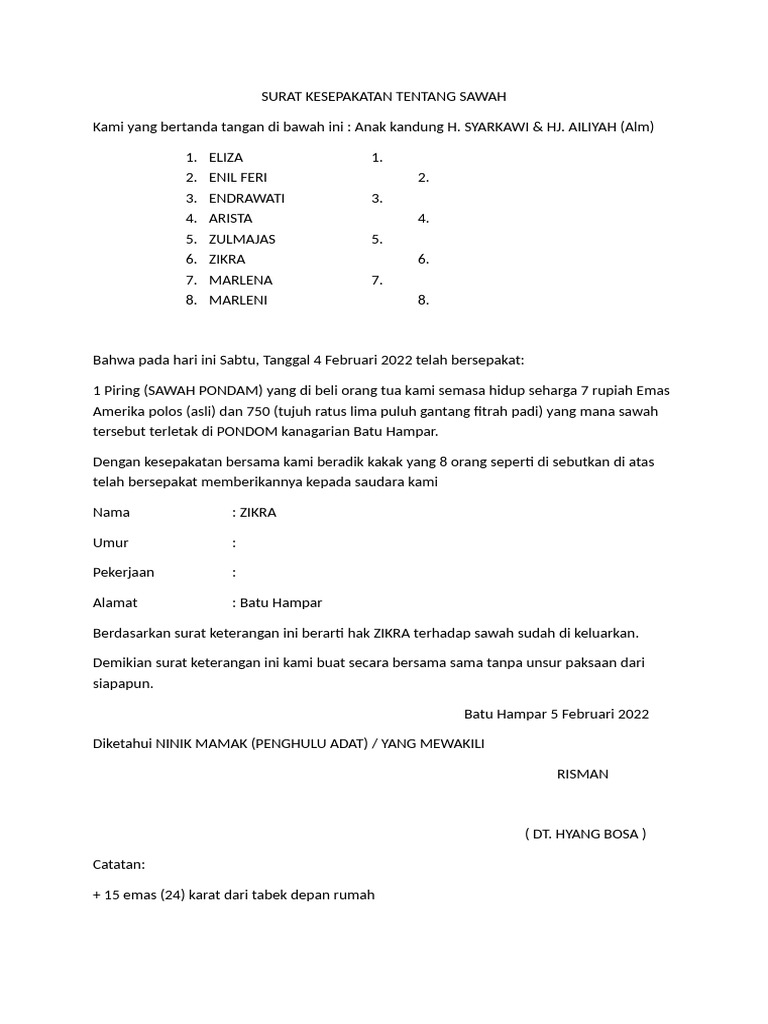 Surat Kesepakatan Tentang Sawah Zikra | PDF
