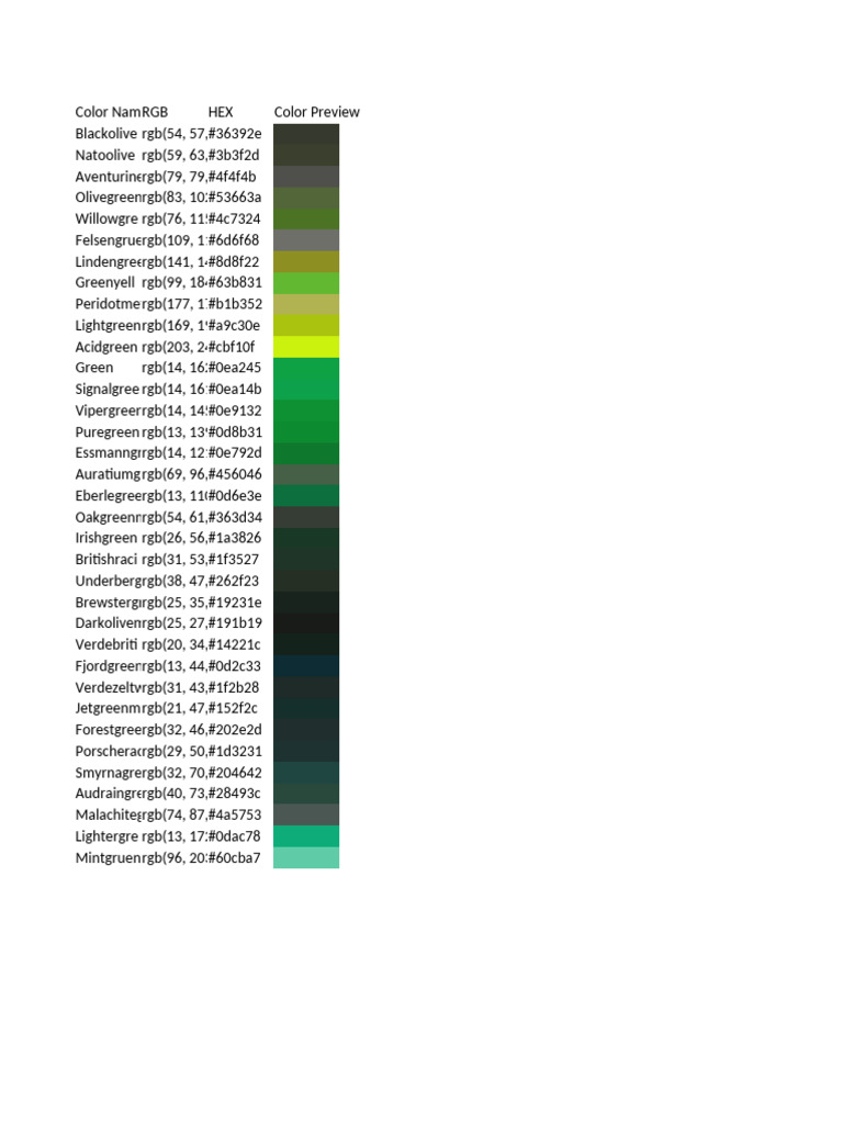 Green Color Codes and Shades Guide | PDF
