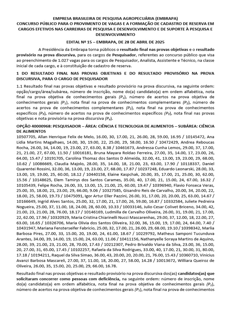 Ed 15 2024 Embrapa Res Final Obj Prov Disc Pesquisador | PDF | Science | Inquérito