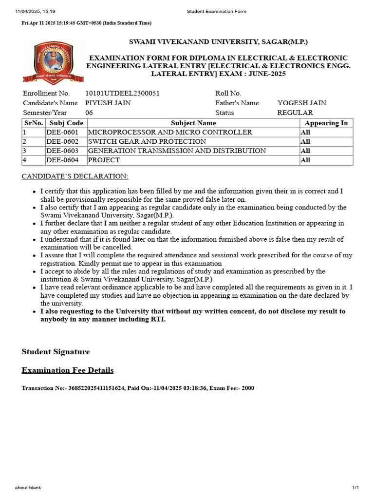 Student Examination Form 6th Sem | PDF