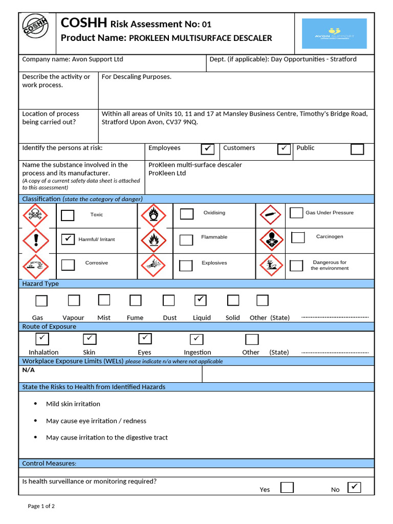 ProKleen Descaler COSHH Assessment | PDF | Personal Protective ...