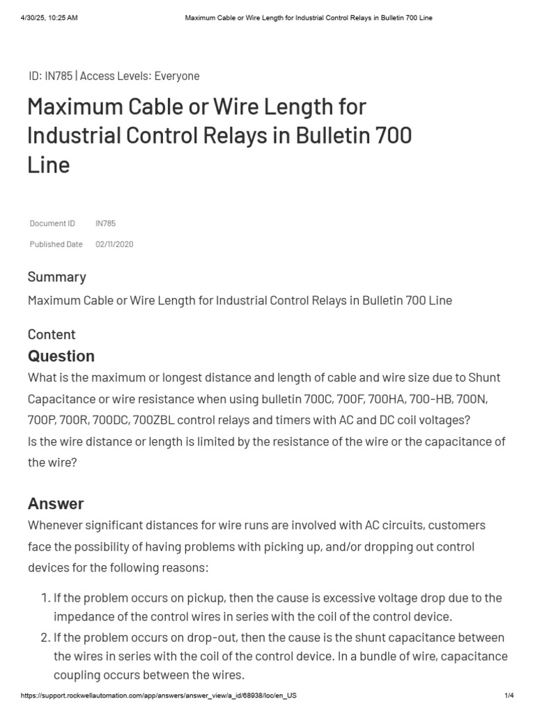 Maximum Cable or Wire Length For Industrial Control Relays in Bulletin ...