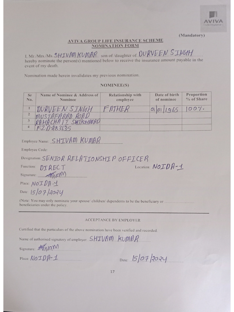 Aviva Group Form Shivam1 | PDF